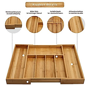 VaeFae Bamboo Drawer Organizer, Expandable Silverware Drawer Organizer and Cutlery Tray, Wooden Drawer Dividers Organizer for Kitchen Utensils and Flatware (5-7 Slots)