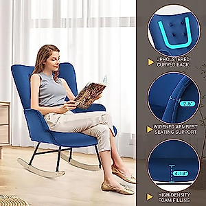 K Knowbody Rocking Chair Nursery, Boho Nursery Glider Rocker Modern Accent Chair for Bedroom, Living Room, Tufted Upholstered Armchair with Linen Fabric, Nursing Chairs for Mom and Baby, Blue