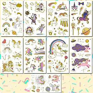 Ooopsiun Glitter Temporary Tattoos for Girls, 9 Sheets Gold Birthday Party Supplies Decorations for Kids, Fake Tattoos Stickers