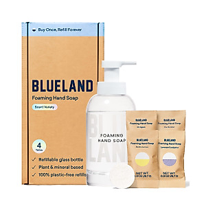 BLUELAND Hand Soap Starter Set - 1 Refillable Glass Foaming Hand Soap Dispenser + 4 Tablets Refills | Iris Agave Scent | Eco Friendly Hand Soap | Makes 4 x 9 Fl oz bottles (36 Fl oz total)