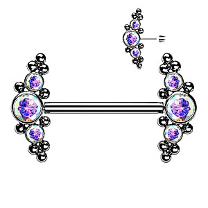 Pierced Owl 14G Implant Grade Titanium Threadless Push-in Triple CZ Crystal and Ball Clusters Nipple Barbells, Sold as a Pair (Aurora Borealis)