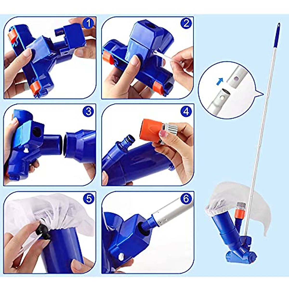 vhshppy Pool Cleaner Set, Portable Swimming Pool Fountain_Vacuum Brush Cleaner Cleaning Tool with Universal Fit Handle - Can be Attached to Garden Hose, Pool Cleaners Kit (Blue)