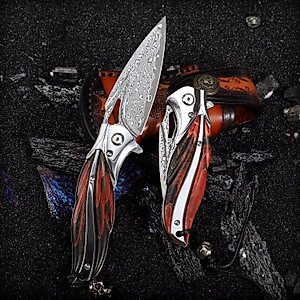 ALVELY Handmade Japanese VG10 Damascus steel Folding Pocket Knife，With leather case，Liner Lock，3.1in high hardness blade，Wooden Handle，men's folding knife hiking trip EDC tool Knife
