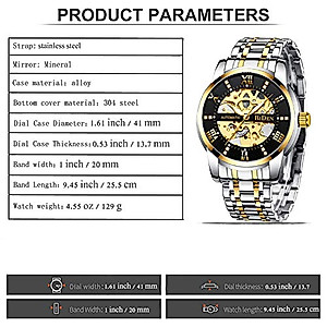 BIDEN Mens Watches Gold Mechanical Automatic Self-Winding Stainless Steel Skeleton Luxury Waterproof Diamond Dial Wrist Watches for Men