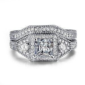 LOVERSRING Couple Ring Bridal Sets His Hers 10k White Gold Plated White AAA Cz Wedding Engagement Ring Band Set