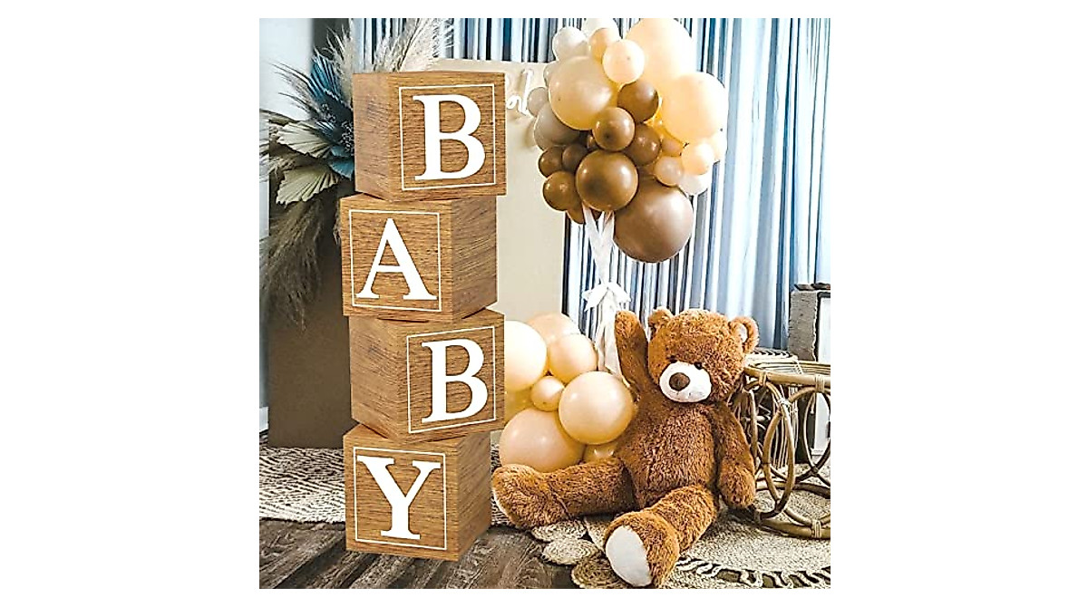 Baby Shower & Birthday Party Decor - 4 Wood Grain BABY Blocks