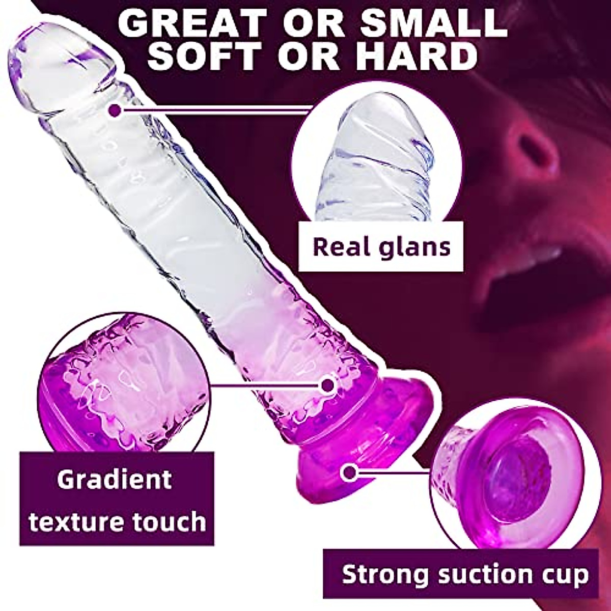 Realistic Dildo Clear Silicone 8.66" Purple Dildo with Strong Suction Cup for Women Hand Free Play Flexible Soft Penis Dong, Adult Sex G-spot Dildos Toys for Vaginal and Anal Stimulation