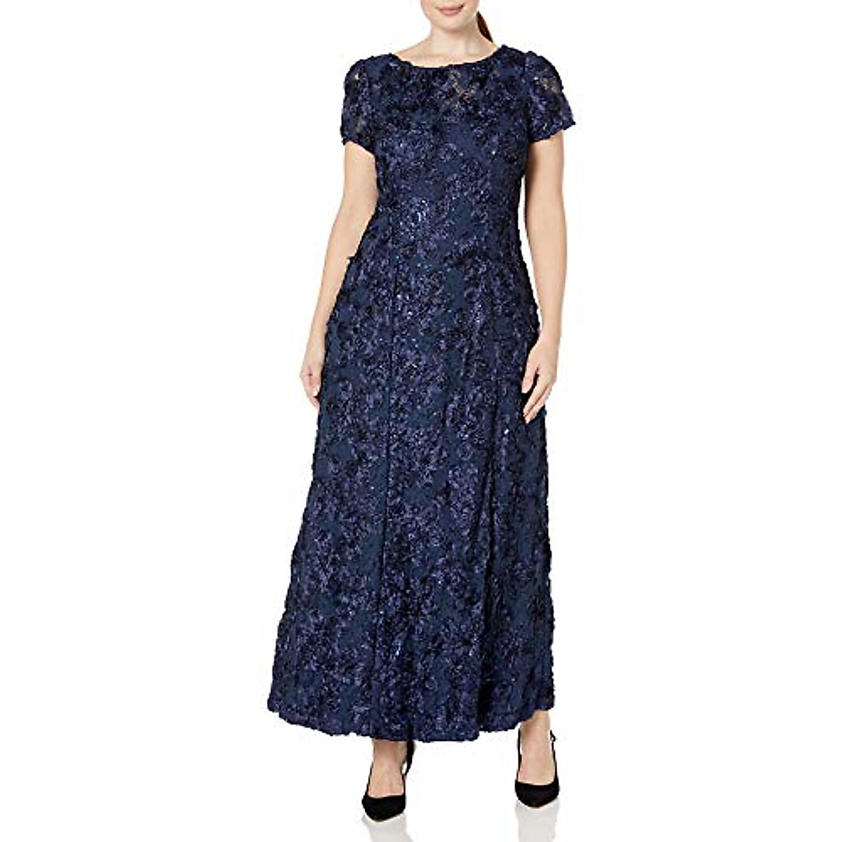 Alex Evenings Women's Plus-Size Long A-Line Rosette Dress with Short Sleeves, Navy, 16W