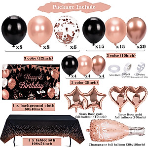 Winrayk Black Rose Gold Birthday Party Decorations for Women Girls, Rose Gold and Black Balloons Garland Arch Kit & Backdrop Tablecloth Champagne Star Love Foil Balloon, Rose Gold Birthday Decorations
