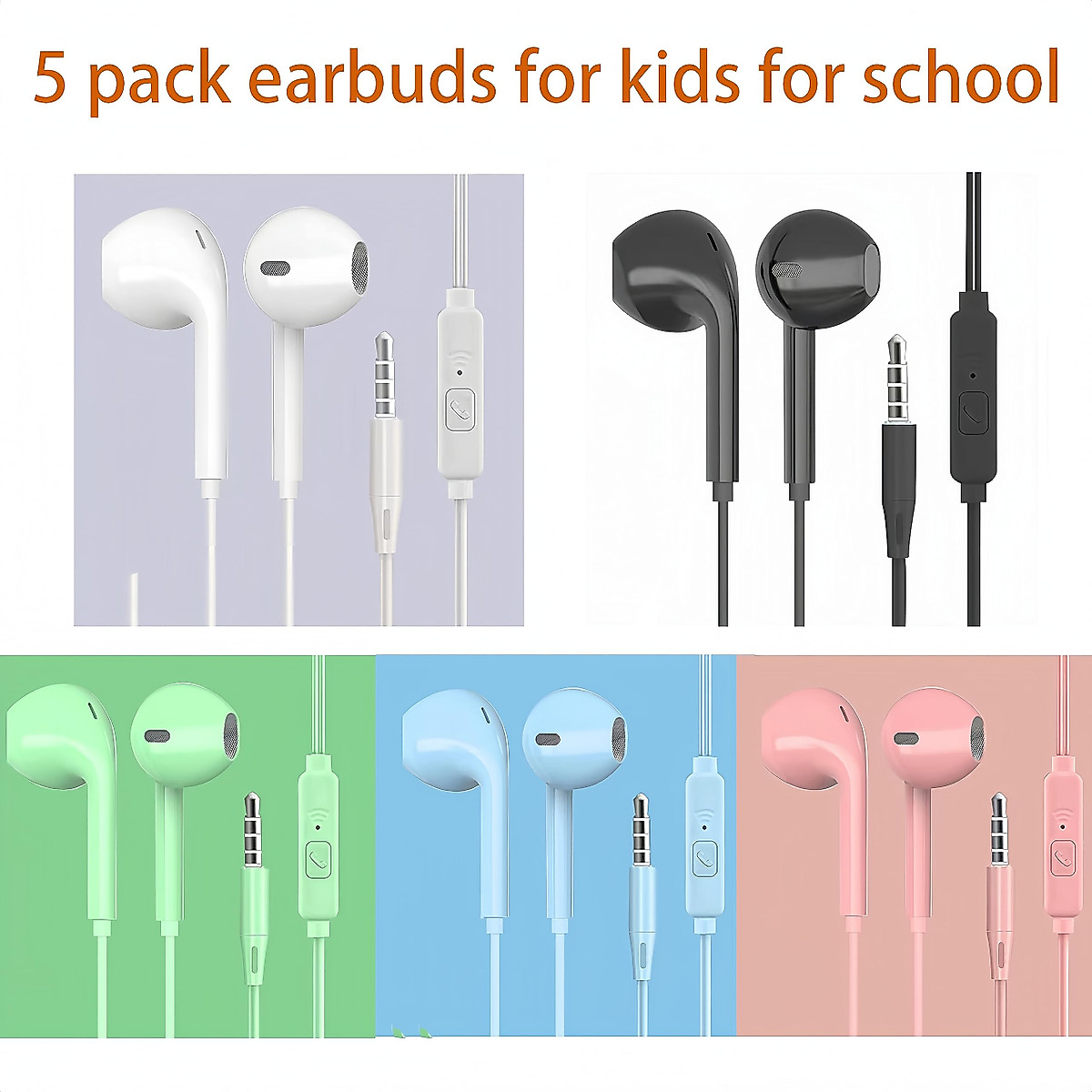 Earbuds Wired with Microphone 5 Pack, wired earbuds for school, Earphones with Powerful Heavy Bass Stereo, Noise Isolating, Ear Buds Compatible with Android, iPhone, iPod, iPad, and Most 3.5mm Jack