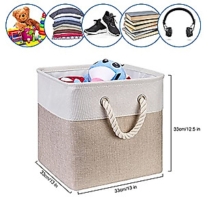 Fabric Cube Storage Bins 13x13x12.5 Inch Light-Brown Cube Storage Boxes Collapsible Large Cloth Organizer Baskets with Cotton Rops Handles for Storage Cubbies or Closet Shelf,QY-SC26-2