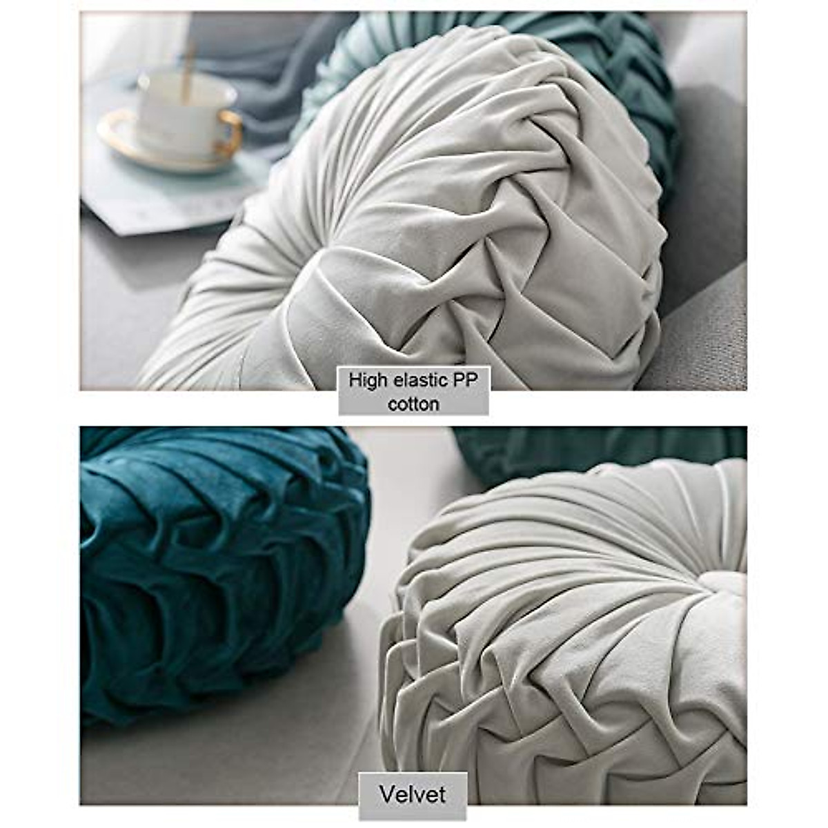 MOCOFO 14" Velvet Pleated Round Pumpkin Throw Pillow Couch Cushion Floor Pillow for Sofa Chair Bed Car Home Decorative (Light Blue)