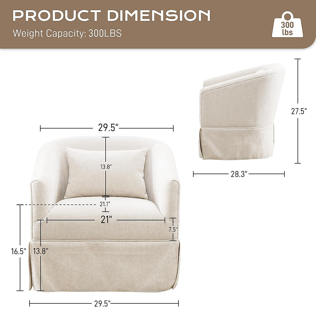Nolohoo Swivel Accent Chair, Comfy Barrel Swivel Chairs with Skirt Padded Cushion, 360°Modern Upholstered Chenille Small Reading Armchair for Living Room Nursery Bedroom Lounge, Cream White