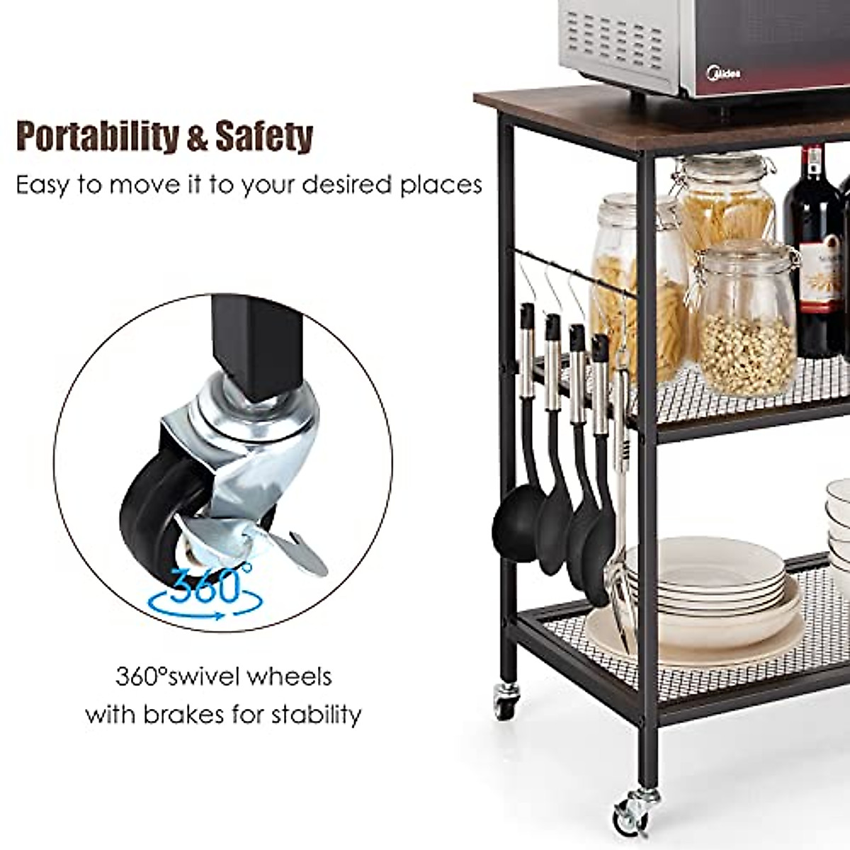 Giantex Microwave Cart 3-Tier W/Storage Shelf and Rolling Casters, Industrial Style Metal Frame for Kitchen, Living Room Accent Furniture for Living Room Rolling Serving Cart (Net-Brown)
