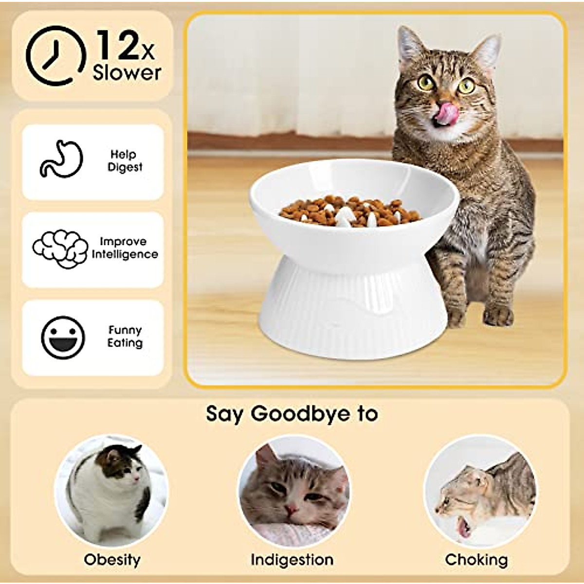 Kopmath Raised Cat Slow Feeder, Ceramic Slow Feeder Cat Bowl, Upgraded Ridges to Prevent Vomiting and Indigestion, No Spill High Edge for Dry/Wet Food, Heavy and Stable, Easy to Clean Pet Bowls