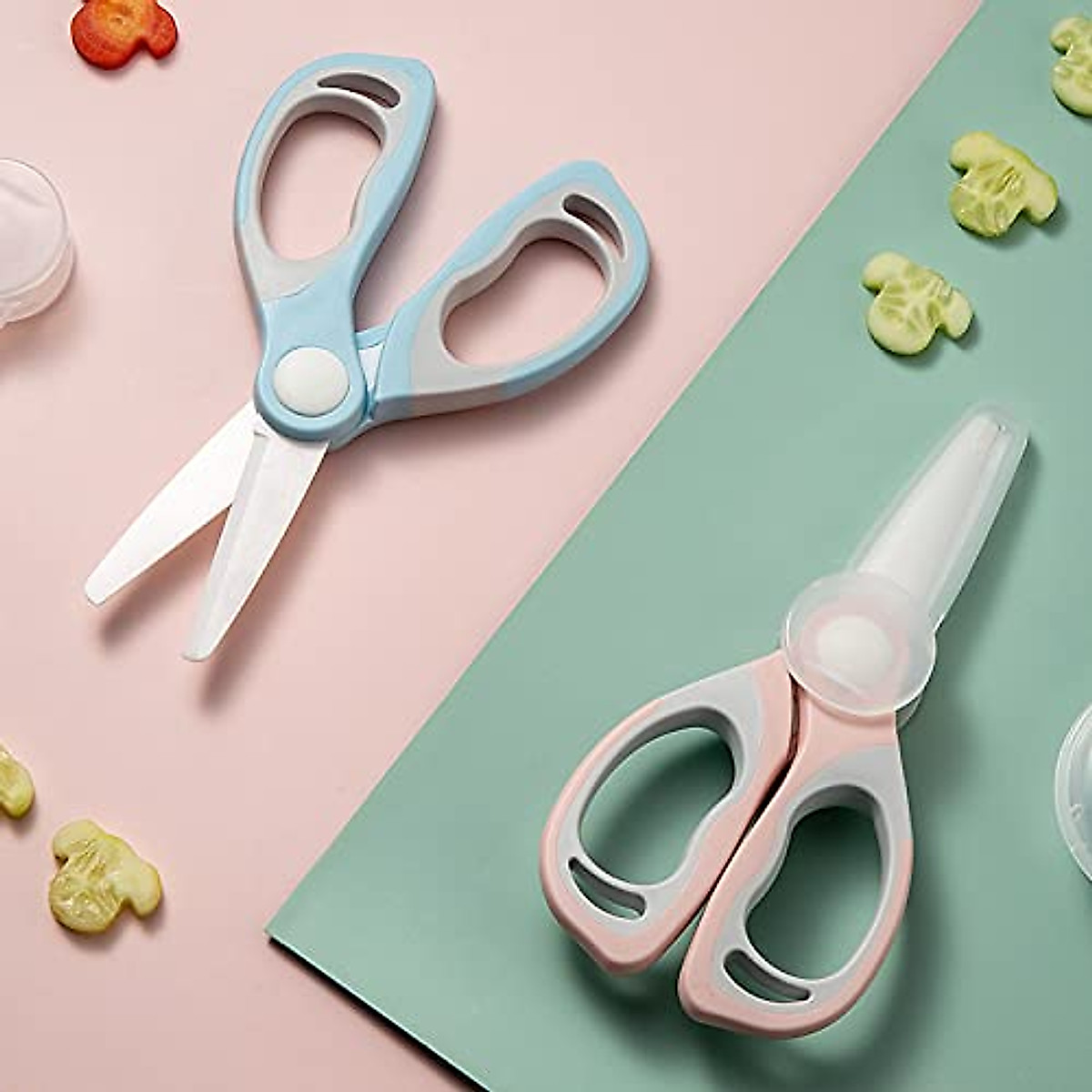 DAMPEN Ceramic Scissors,Soft-grip Handles,Safety Healthy ,Kitchen Scissors,Baby Food Ceramic Scissors with Travel Cover for Kids Food 2 PACK(PINK AND GREEN) (DPS-1)