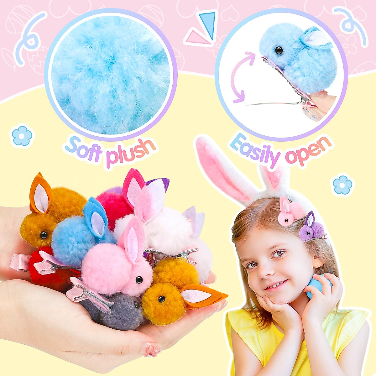 SevenQ Easter Eggs Fillers with Bunny Hair Clips Colorful 24 Pack, Easter Basket Stuffers Party Favors Gift Bags for Kids Cute Stuff Plush Fidget Toys Classroom Treasure Box Egg Hunt Games Supplies