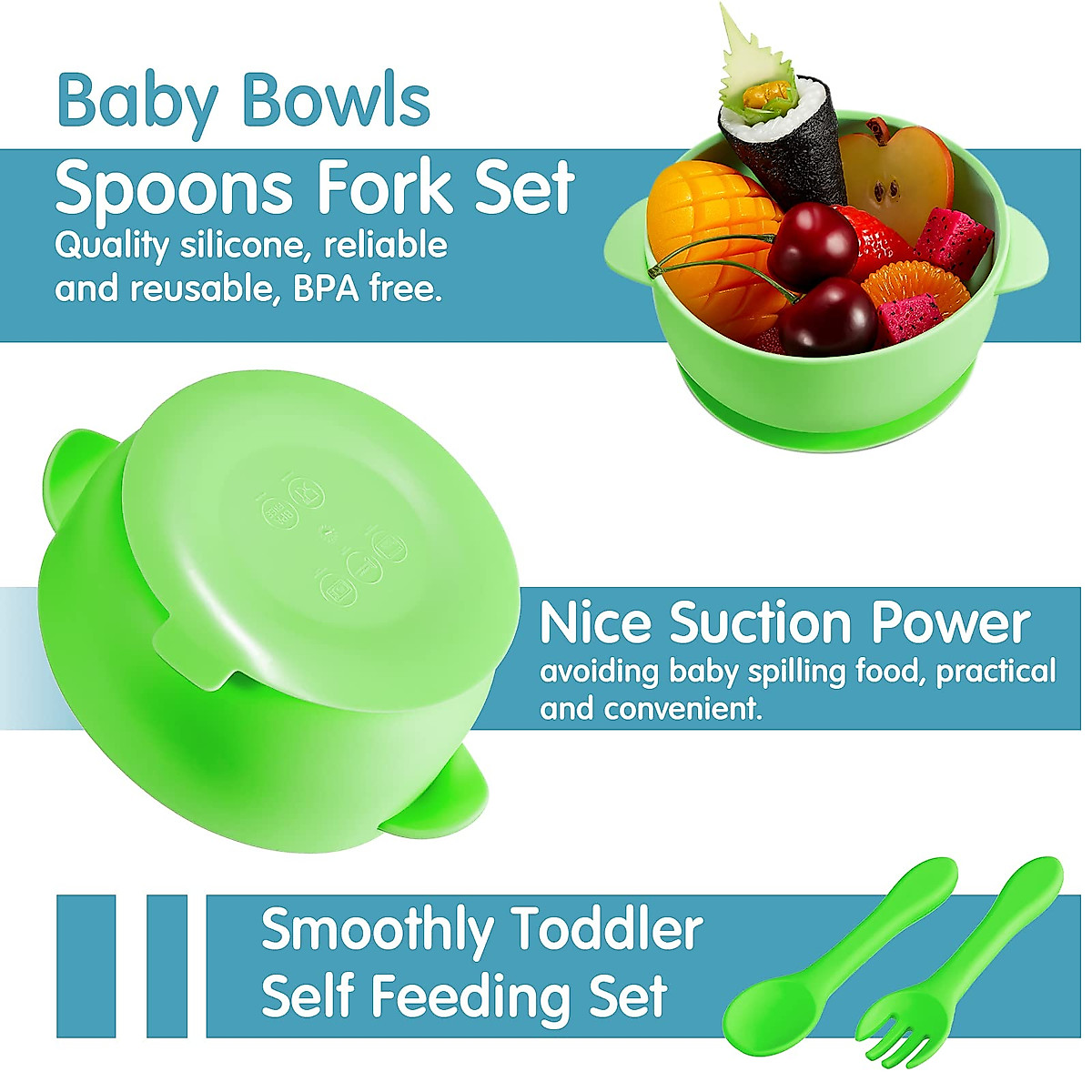 9 Pcs Silicone Baby Toddler Suction Plates Baby Bowls with Suction Toddler Bowls Set Kids Utensils Divided Plate Baby Boy Girl Feeding Set with Spoon Fork Dishwasher and Microwave Safe (Bright Colors)