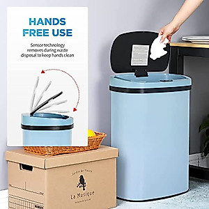 13 Gallon 50 Liter Garbage Can Kitchen Trash Can with Lid Automatic Sensor Touch Free Stainless Steel Waste Bin for Bathroom Bedroom Home Office (Blue)
