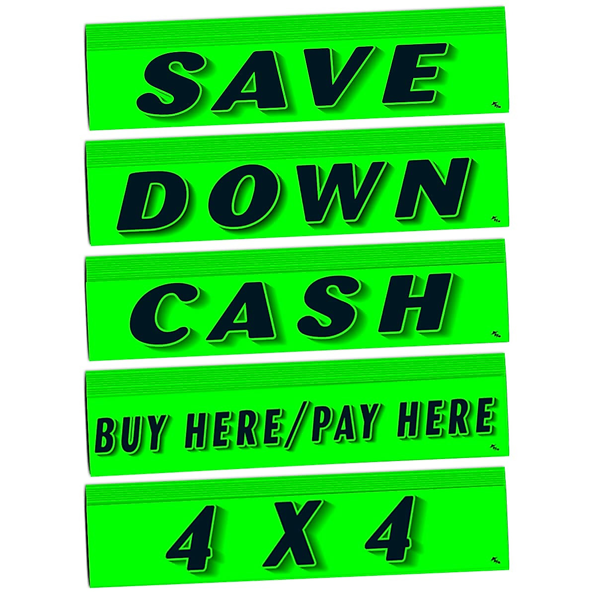 Versa Tags Windshield Slogan Stickers 12 Pack Each of Save, Down, Cash, Buy HERE Pay HERE, 4X4 (60) Window Stickers Total Dealership Stickers Black On Green