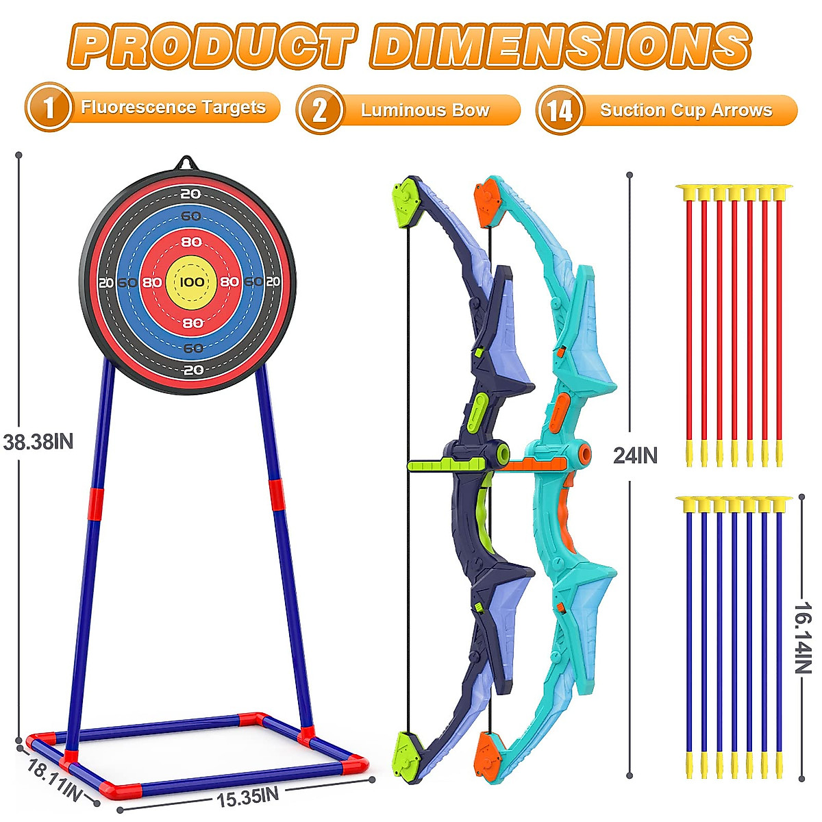 2 Pack Bow and Arrow Set for Kids, Light Up Archery Set with 14 Suction Cup Arrows, Archery Targets Outdoor Games for Kids Ages 4-8 8-12, Birthday Gifts Toys for 5 6 7 8 9 10 11 12 Year Old Boys Girls