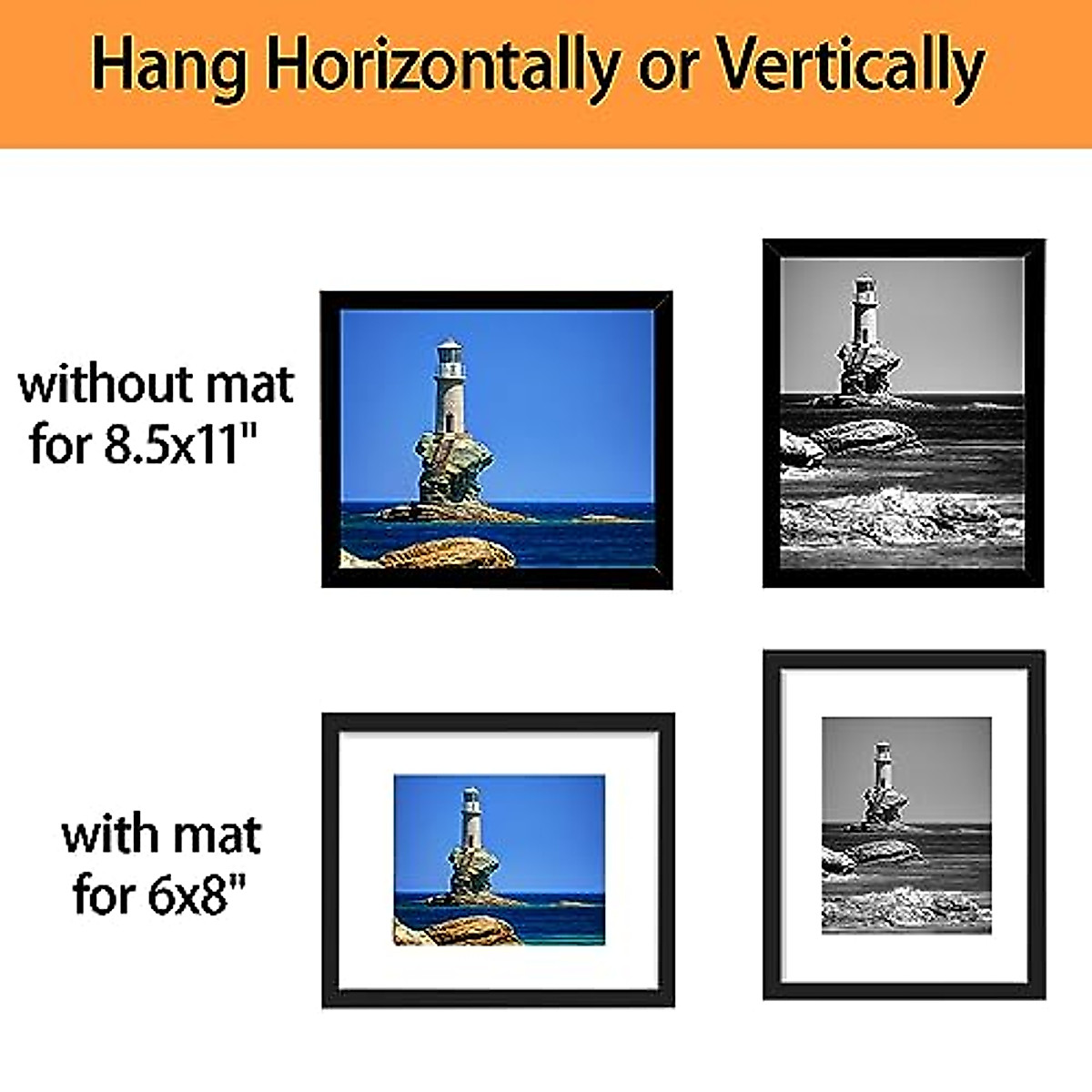 8.5x11 Picture Frame Set of 5, Display Pictures 6x8 with Mat or 8.5x11 Without Mat, Wall Gallery Photo Frames or Tabletop Display