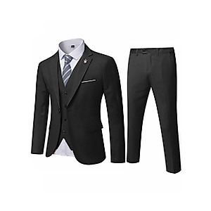MY'S Men?s 3 Piece Slim Fit Suit Set, One Button Blazer Jacket Vest Pants with Tie, Solid Party Wedding Dress, Tux Waistcoat and Trousers, Black, L, 5'9-6'3, 175-190lbs