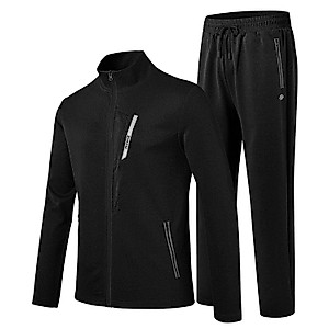MoFiz Men's Tracksuits Full Zip Track Suits For men Solid Jogger Sets Windbreakers Jacket Track Pants 2 Piece Sets With 5 Pockets Classic Black L