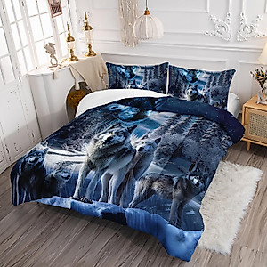 AILONEN Boys Bedding Set Wolf Printed Comforter Set,Snow Wolf Comforter Sets Queen Size,Animals Wolf Duvet Set for Boys Adult Room Decor,3Pcs Safari Wolves Duvet Set, 1 Quilt and 2 Pillowcases