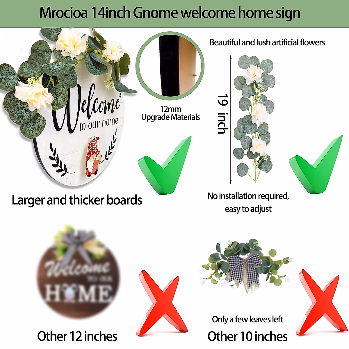 Mrocioa Welcome Sign, 14 x 14 inches, Decorative Signage with Interchangeable Gnome Icons, Seasonal Wood Wreaths Front Door Decorations, Housewarming Gift