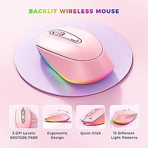 Wireless Keyboard and Mouse Combo Backlit, seenda Rechargeable Full-Size Illuminated 2.4Ghz Silent Keyboard and Mouse for Computer/Laptops/Windows/Gaming, Ice Pink