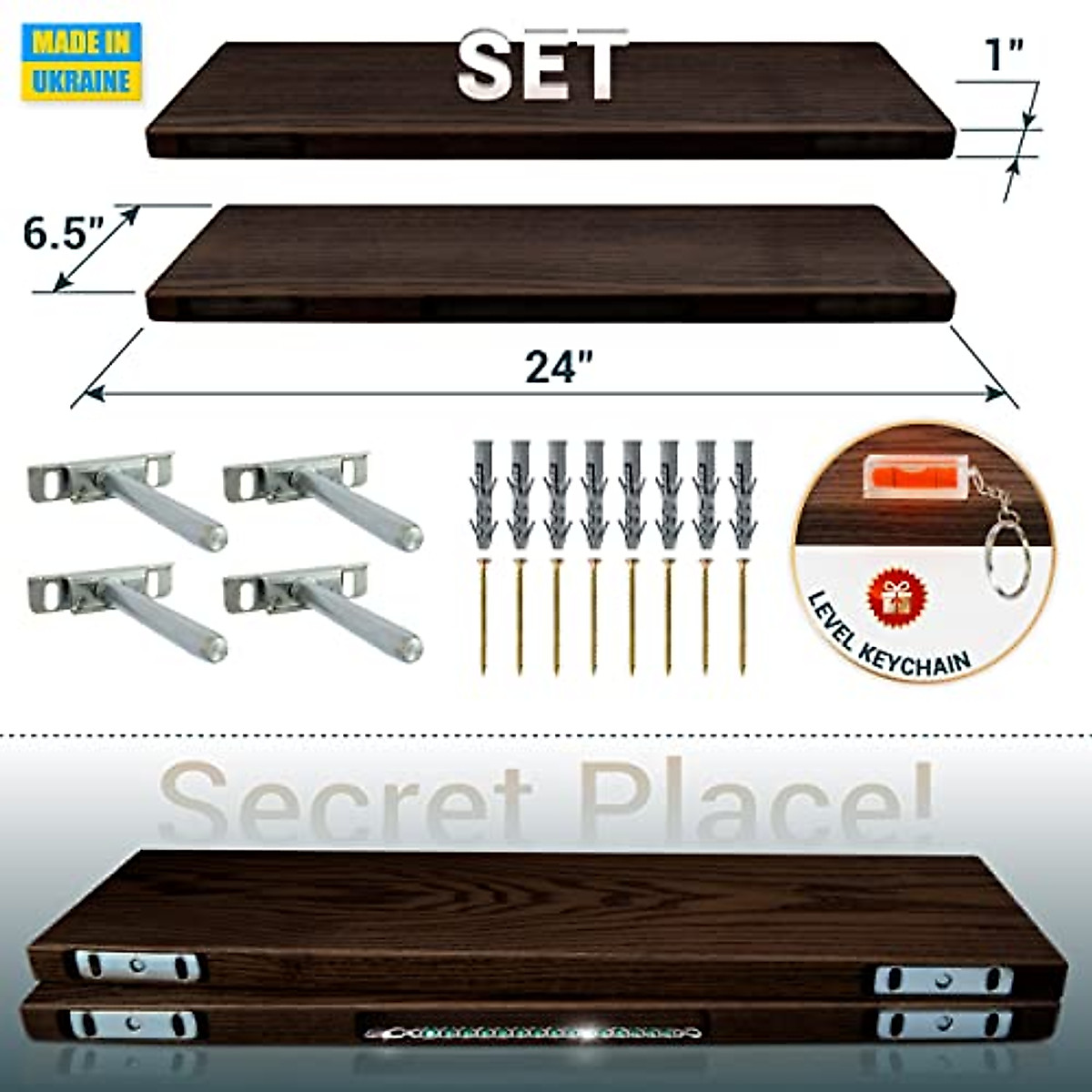 Wood Floating Shelves Set of 2-Rustic Shelf 24 inch Wide Wooden Wall Shelves for Living Room Bedroom Kitchen Bathroom Farmhouse Brown Color 24"x6.5"