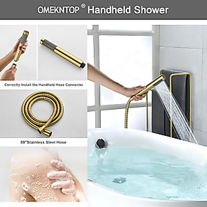 Freestanding Bathtub Faucet Floor Mount Tub Filler Brush Gold, OMEKNTOP Modern Freestanding Tub Faucet with 360 Swivel Gooseneck Spout and Handheld Shower, Standing Tub Faucet for Bathroom