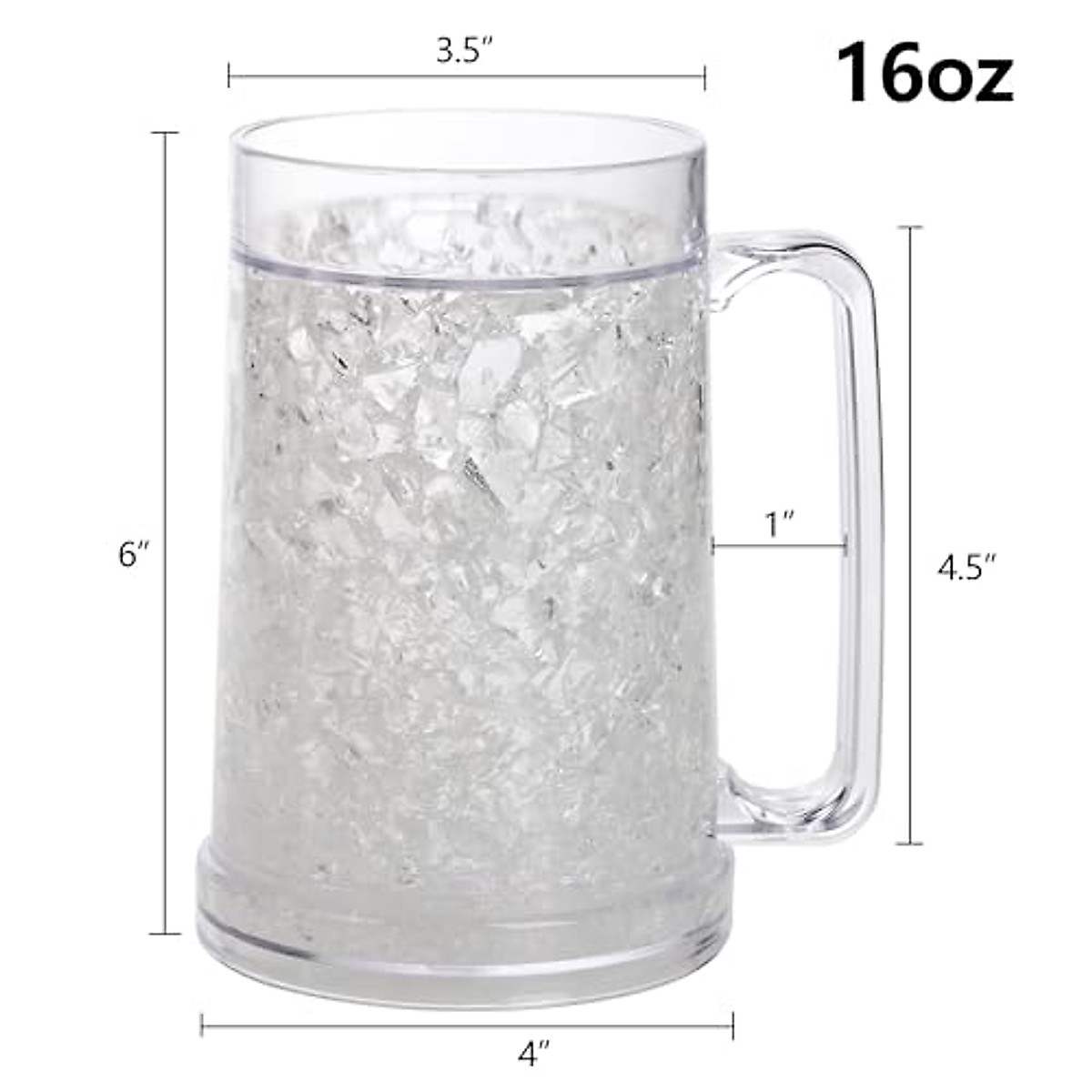 Fasmov Freezer Beer Mugs, 4 Pack Clear Double Wall Gel Frosty Freezer Ice Mugs, Freezer Mugs With Gel Beer Mugs For Freezer, Plastic Beer Mugs With Handles for Parties and Gifts, 16oz