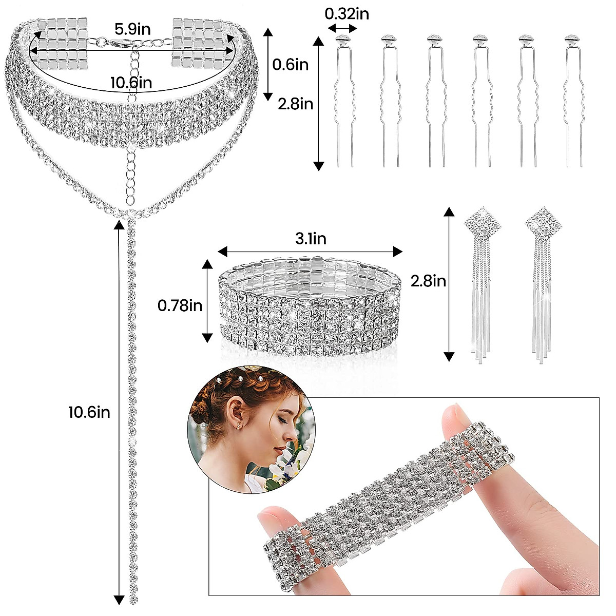 Rdanruy Women Crystal Jewelry Set,Glitter Rhinestone Stretch Bracelet Necklace Dangle Fringe Earrings with Evening Bag for Wedding Party