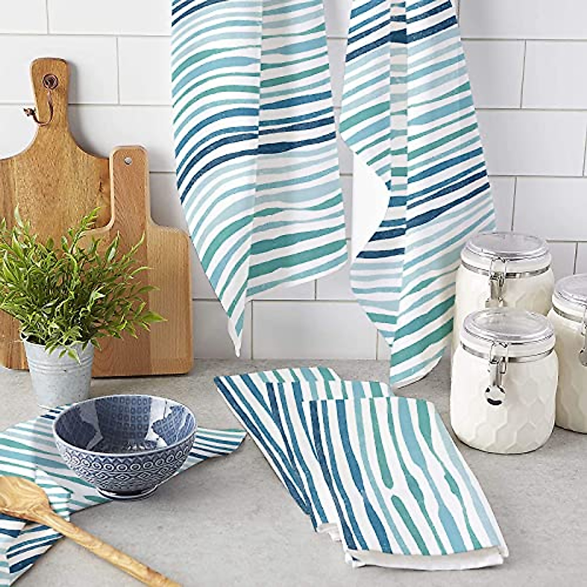 LUSWEET Kitchen Towels Wave Stripe Blue Green Soft Cotton Reusable Absorbent Cleaning Kitchen Dish Towels for Kitchen Cleaning,Dishwashing,Kitchen,Bathroom,18X28 Inch, 3 Pack