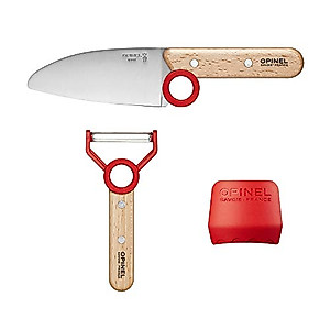 Opinel Le Petit Chef Complete 3 Piece Kitchen Set, Chef Knife with Rounded Tip, Fingers Guard, Peeler, For Children and Teaching Food Prep and Kitchen Safety, Made in France