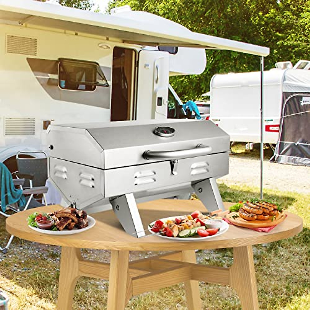ROVSUN Portable Tabletop Propane Grill, Outdoor Gas Grill with Built-in Thermometer & Full Stainless Steel Body for Picnic Camping BBQ RV Patio Garden