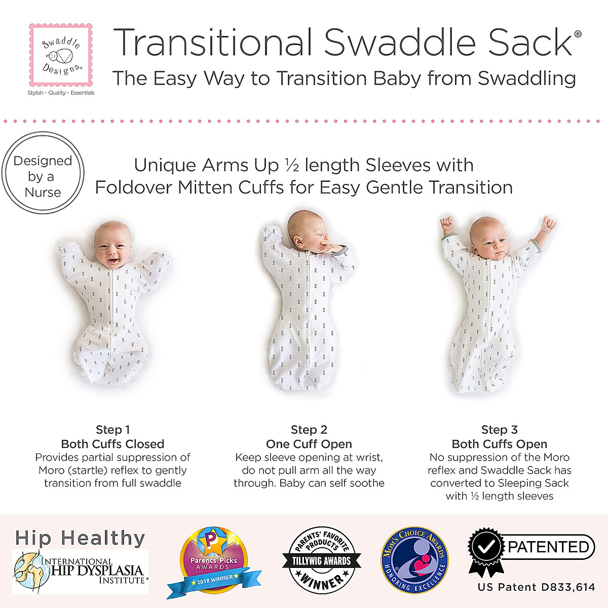SwaddleDesigns Transitional Swaddle Sack with Arms Up Half-Length Sleeves and Mitten Cuffs, Tiny Hedgehogs, Small, 0-3mo, 6-14 lbs (Better Sleep for Baby Boys, Baby Girls, Easy Swaddle (Pack of 2)