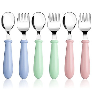 6 Pieces Toddler Utensils Stainless Steel Baby Forks and Spoons Silverware Set Kids Silverware Children's Flatware Kids Cutlery Set with Round Handle for LunchBox, 3 x Safe Forks, 3 x Children Spoons