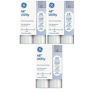 GE Lighting (6 Tubes) GE F40T12 Fluorescent Bulbs, 48 inch Linear Fluorescent T12, 40 watts, 2100 lumens, 4100K Cool White, Great for Utility and WorkSpaces, Refreshing Light
