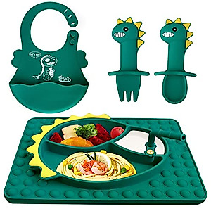 KIYTARBOO Baby Feeding Supplies for Kids and Toddlers - Baby Led Weaning Supplies Includes Plate, Baby Bib, Fork and Spoon Utensils Flatware Baby Eating Set - Durable, Dishwasher Safe -Dinosaur