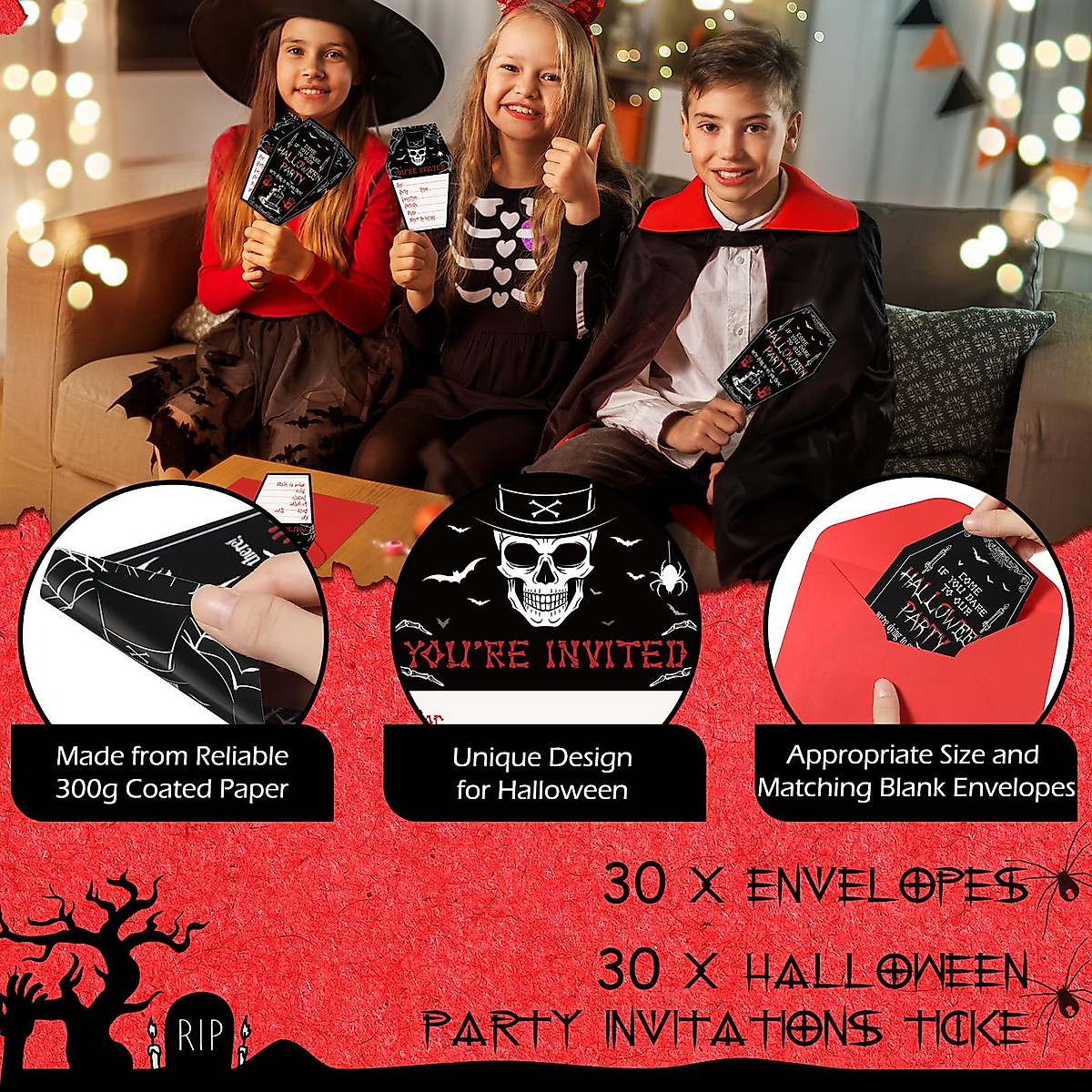 Geelin 60 Pcs Halloween Party Invitations with Envelopes Ticket Scary Halloween Party Invitations Halloween Baby Shower Invitations Horror Birthday Invitations Party Invitation Cards (Coffin Style)