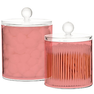 Gredecor Light Coral Plastic Apothecary Canister Jar Storage Organizer for Bathroom, Bedroom, Vanity, Kitchen Cabinet Organization - Holds Cotton Swab Qtip Set of 2 Sizes