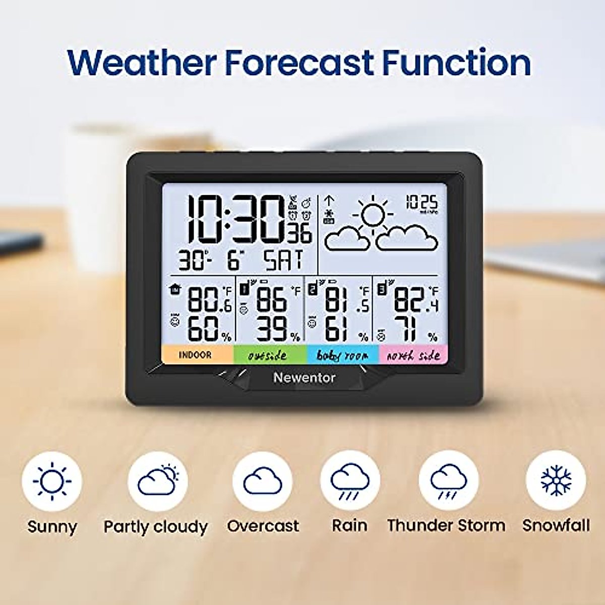 Newentor Weather Station Wireless Indoor Outdoor Multiple Sensors, Digital Atomic Clock Weather Thermometer, Temperature and Humidity Monitor, Forecast Weather Station with Backlight, Black