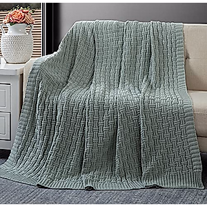 RUDONG M Sage Green Cotton Cable Knit Throw Blanket, Cozy Warm Knitted Couch Cover Blankets, 50 x 60 Inch