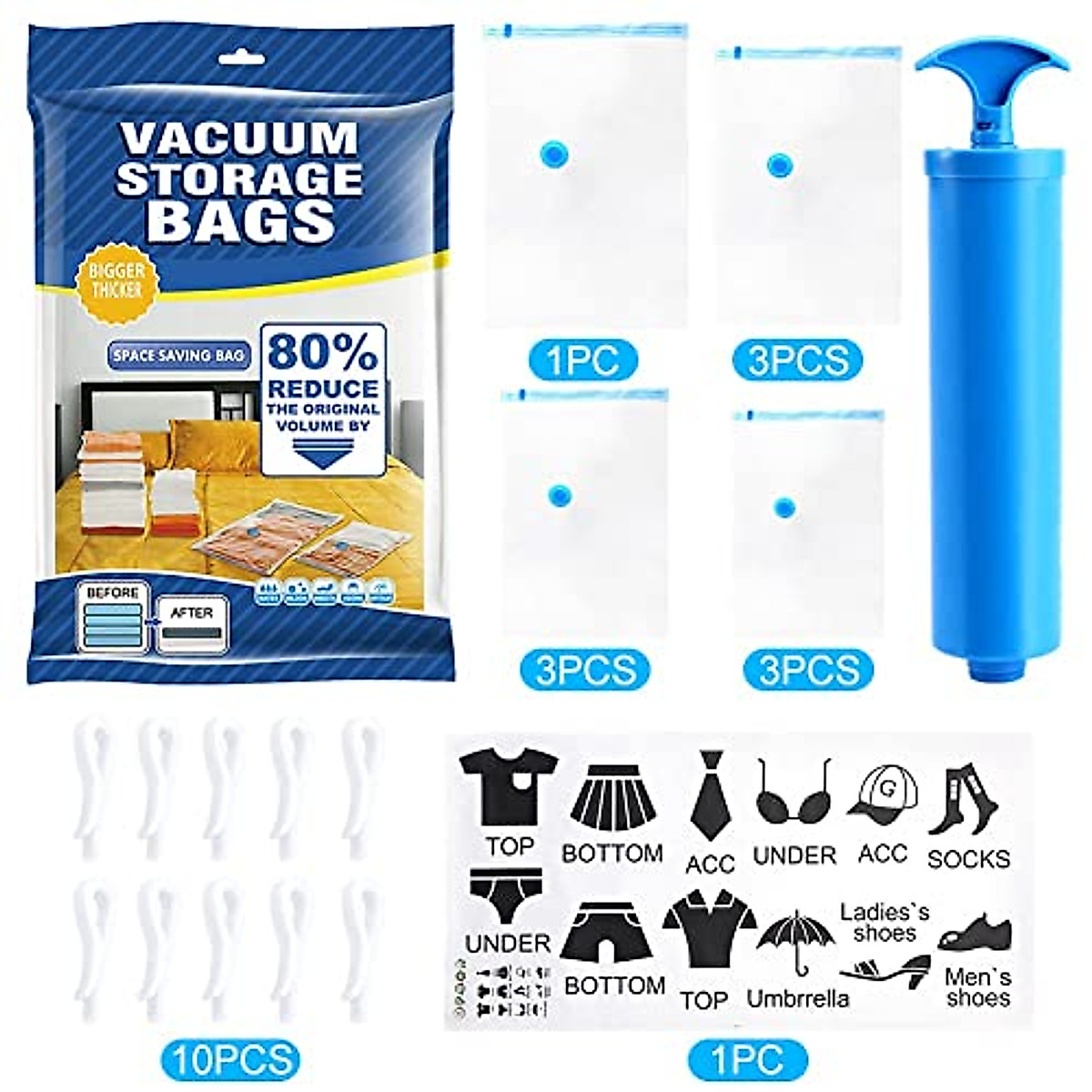 10 Pack Vacuum Storage Bags Double-Zip Seal - 80% More Space Saver Bags for Clothes, Blankets, Pillows - Vacuum Bags with Hand-Pump for Travel (1 Jumbo, 3 Large, 3 Medium, 3 Small)