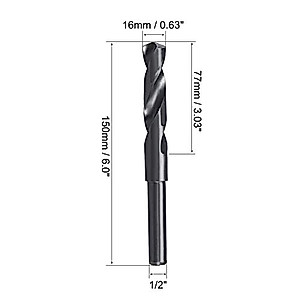 uxcell 16mm Reduced Shank Drill Bit HSS 6542 Black Oxide with 1/2 Inch Straight Shank