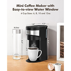 SIFENE Mini Coffee Maker Single Serve Instant Coffee Brewer, One Cup for K Pod & Ground Coffee, Capsule Coffee Machine with Water Window and Descaling Reminder (Black)