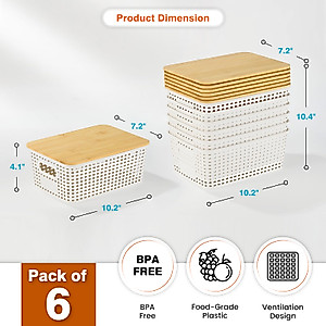Plastic Storage Baskets With Bamboo Lid - Plastic Storage Containers Stackable Storage bins: Storage Baskets for Organizing Shelves Drawers Desktop Closet Playroom Classroom Office, 6 Pack